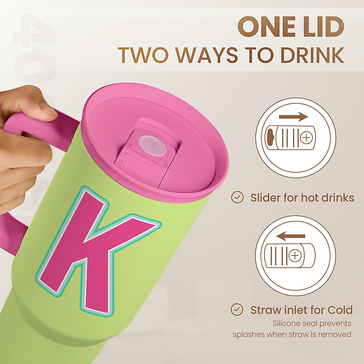 SANDJEST Monogrammed Tumbler with Handle 40oz, Letter K Tumblers Coffee Travel Cup with Straw, Personalized Monogram Initial Gifts for Women Girls, Customized Gifts for Christmas Birthday Mothers Day