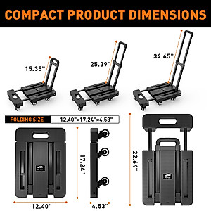 Ronlap Folding Hand Truck, Foldable Dolly Cart for Moving 500lbs Heavy Duty Luggage Cart Portable Platform Cart Collapsible Dolly with 6 Wheels & 2 Ropes for Travel House Office Moving, Black