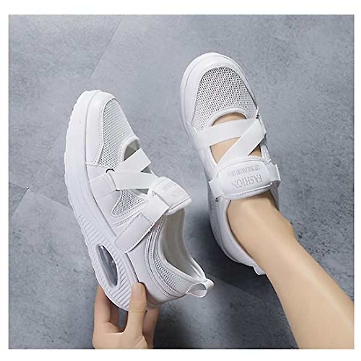 JITUUE Women's Comfort Shoes Adjustable Breathable Air Cushioned Insoles Wedges Slip-on Sport Walking Sneakers Fitness Casual Shoes with Eyelets(White,US 7