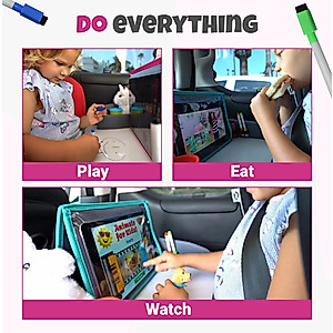 Kids Travel Tray with Dry Erase Board, Car Seat Lap for Food & Play Activity, Carseat Table Trays for Toddler, Kid Activity Desk for Air Travel, No-Drop Tablet Holder & Borders (Grey with Pink Frame)