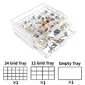 Ptaedex Jewelry Organizer Box, Acrylic Jewelry Holder Clear Jewelry Storage with 3 Drawers for Women Girls Men
