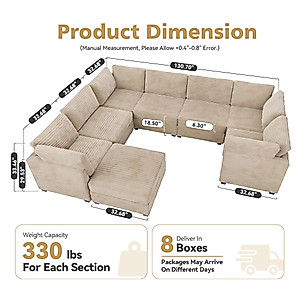 CAODOC Modular Sectional Sofa with Chaise U Shaped Sectional Couch for Living Room, 8-Seater Comfy Cloud Couches with One Movable Ottoman, Plush Corduroy, Beige