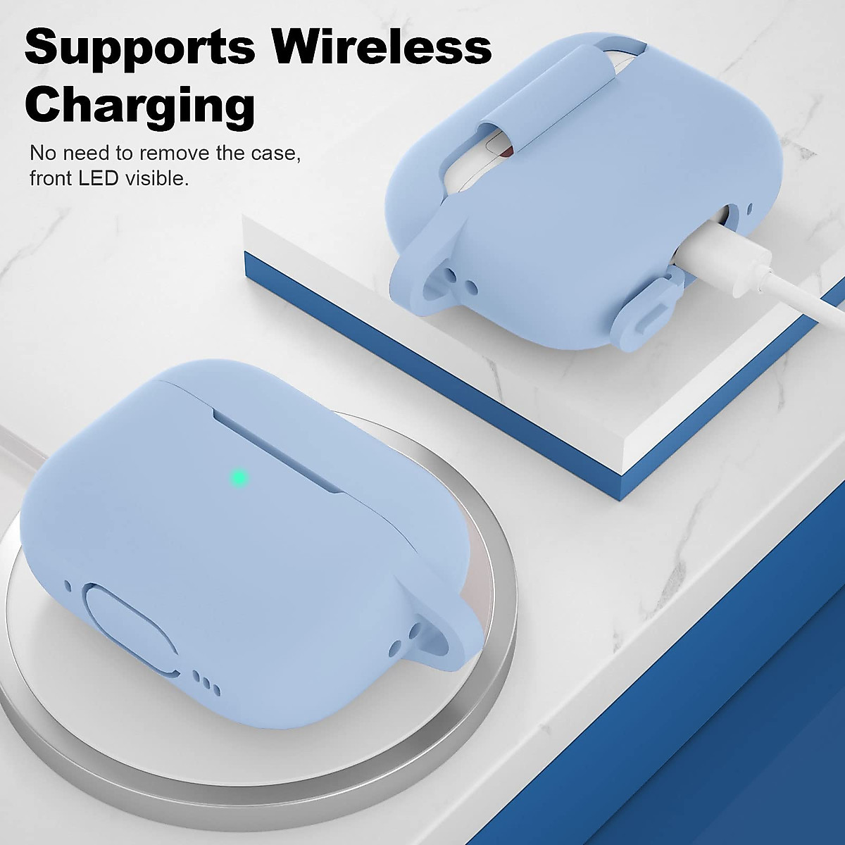 ATUAT for AirPods Pro 2nd Generation Case Cover, Protective Silicone Skin Accessories with Keychain for Women Men for Apple AirPods Pro Gen 2(2022), Front LED Visible-Light Blue