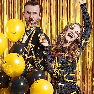 2 Pack 3.3x8.2 ft Gold Foil Fringe Curtains Backdrop, Tinsel Curtain Backdrop, Streamer Backdrop for Birthday Party, Graduation and Most Common Holiday Party Decorations. by TOPPOT