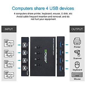 USB Switch Selector 4 Port, AIMOS USB KVM Switcher 4 Computers Sharing 4 USB Devices One-Button Swapping, for Share Mouse, Keyboard, Printer, Scanner, with 4 USB Cables