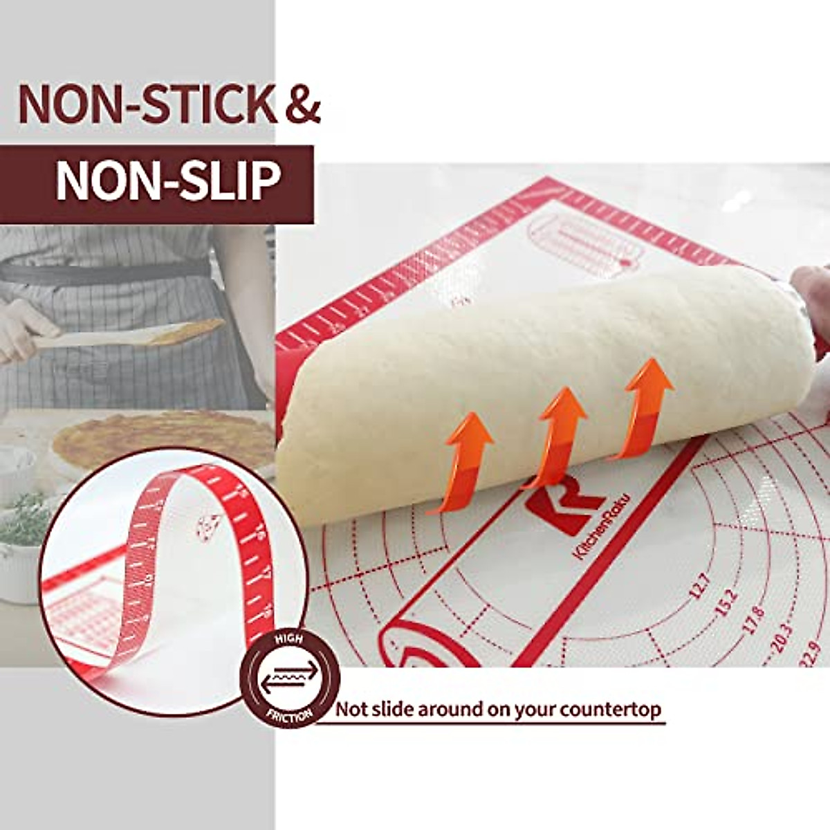 KitchenRaku Silicone Baking Mat, Nonstick Pastry Mat for Rolling Out Dough, Nonslip Macaroons Baking Mat with Measurement Guide, Food-Grade Oven Mat for Cookies, Bread, Pastries, Pie Crust