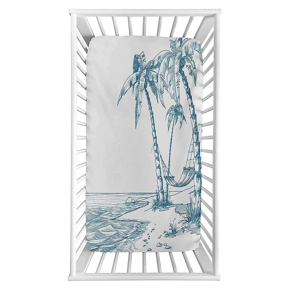 Beach Fitted Crib Sheet,Modern Illustration of a Tropical Beach with Palm Trees and Hammock Hawaiian Relax Microfiber Silky Soft Toddler Mattress Sheet Fitted,28"x 52"x 8'',Baby Sheet for Boys Girls