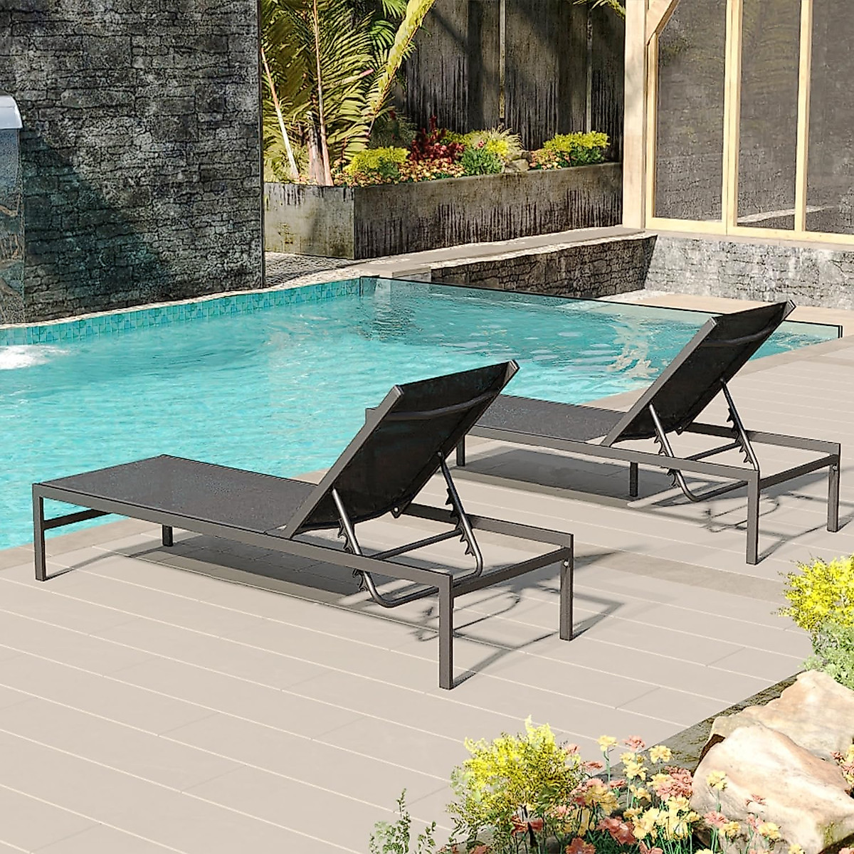 Yoneesn Pool Lounge Chair, Aluminum Outdoor Lounge Chair Set of 2 with Adjustable 5-Position Recliner and Lay Flat Patio Chaise Lounge for Patio, Beach, Pool... (L80.7 x W28.1 x H15)