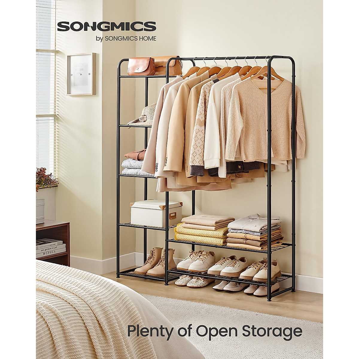 SONGMICS Wardrobe Closet, 44.1 Inch Large Portable Closet, Clothes Rack for Hanging Clothes,Heavy Duty Garment Rack, Storage Organizer with Shelves, 44.1 x 11.4 x 62.4 Inches, Black ULGR462B01
