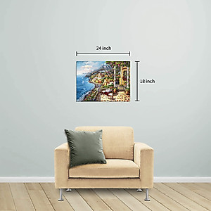 Italy Painting Oil Canvas Wall Art： Mediterranean Cityscape Artwork Italian Sea Picture Modern City Street Decoration Landscape Prints for Paris Cafe Room Decor