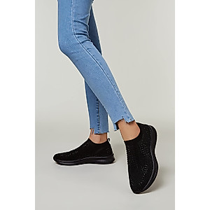 BELOS Women's Rhinestone Slip On Walking Shoes Breathable Mesh Knit Sock Shoes Fashion Comfortable Sparkly Sneaker(Black,10)