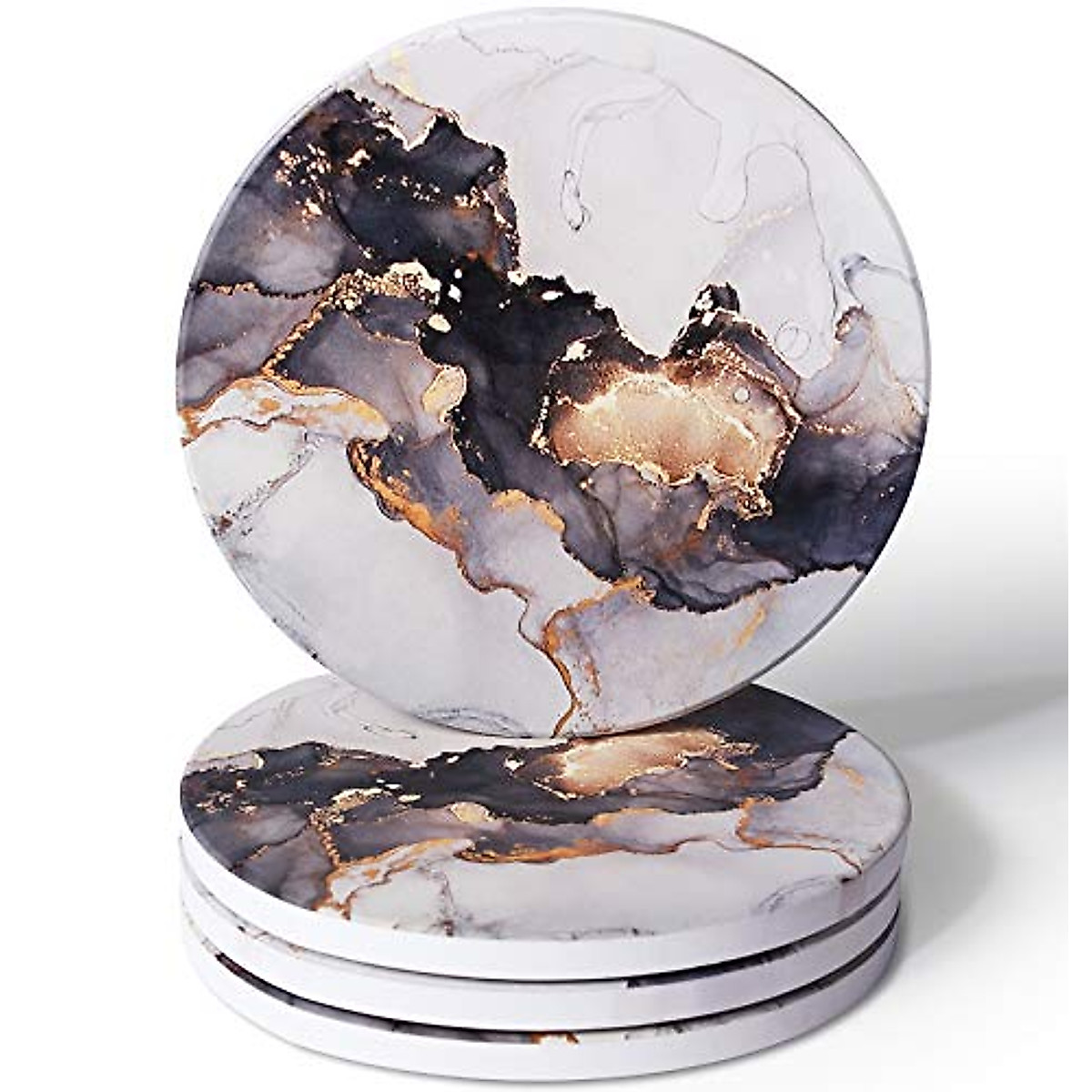 RoomTalks Black and Gold Marble Coasters for Drinks Absorbent 4 PCS Abstract Cool Alcohol Ink Ceramic Coaster Set Cork Back Modern Art Cup Coasters for Wooden/Coffee Table (Black, 4 Pieces)