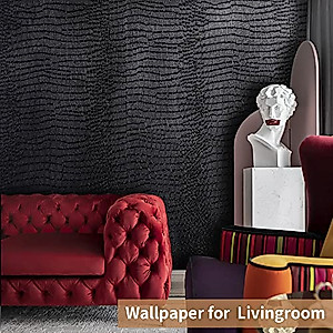 Black Peel and Stick Wallpaper, 15.7" X 118" Crocodile Wallpaper Embossed Easy Peel off Wallpaper Self Adhesive Removable Contact Paper Textured Wallpaper for Cabinet Bedroom with Knife Tape Measure