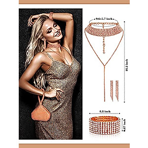 Quelay 4 Pieces Women Crystal Jewelry Set Rhinestone Tassel Necklace Stretch Bangle Bracelet Crystal Dangle Fringe Earrings and Rhinestone Handbag for Wedding Party (Medium, Rose Gold)