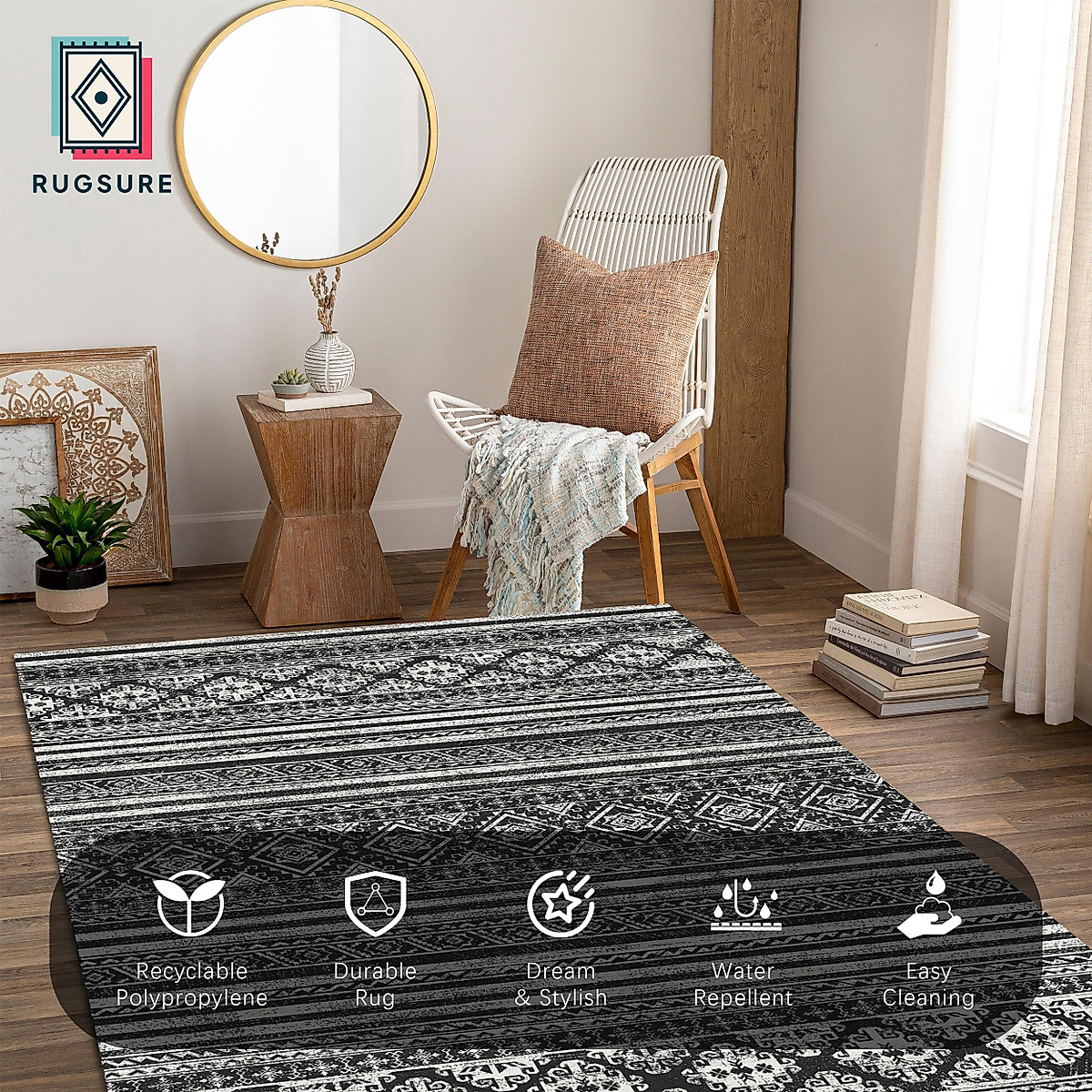 RUGSURE Washable Area Rugs 3' x 5 ' - 1/6 Thick - Moroccan-Inspired -Stain & Water Resistant Non-Slip - Resistant Rug for Living Room, Bedroom, Nursery, Pet & Child Friendly (Black)