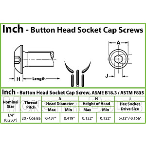 MonsterBolts - 1/4"-20 x 1 1/2" Button Head Socket Cap Screws, ASME B18.3, Stainless Steel, 20 Pack