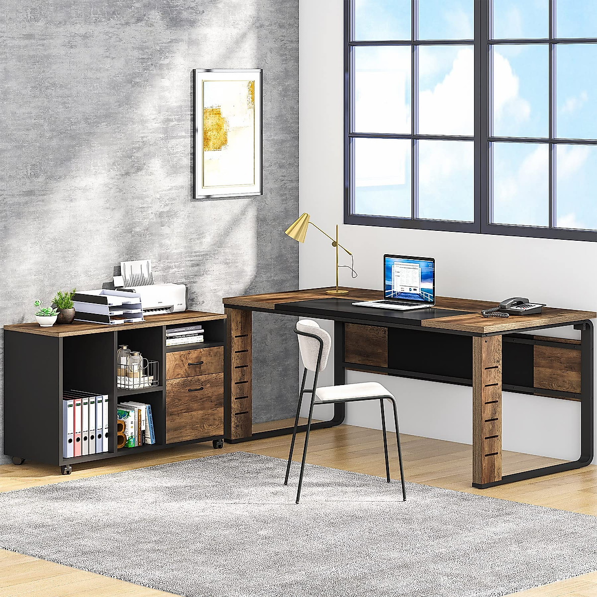 Tribesigns Large L-Shaped Computer Desk, 59 inch Executive Office Corner Desk Workstation Business Furniture with Letter Size File Cabinet for Home Office, Light Brown