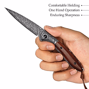 TRIVISA 3.15" Handmade Damascus Folding Pocket Knife，EDC Knives Gift for Men，Brown Bone Handle，Ceramic Bearings，Thumb Stud, Steel Bolster, Liner Lock.Piscis Austrinus-02B