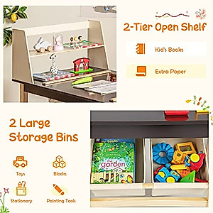 HONEY JOY Kids Art Table and Chair Set, Wooden Drawing Desk and 2 Stools w/Paper Roll, Open Shelf, Toddler Activity & Crafts Table w/Storage Bins, Children Furniture Set for Boys Girls Ages 3+