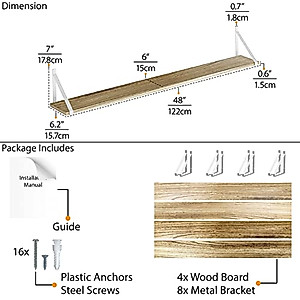 Wallniture Bora Long Floating Shelves, 48"x6" Wall Bookshelf Living Room, Bathroom & Kitchen Wall Mounted Shelves, Rustic Wall Shelves for Bedroom, Wall Shelf Set of 4, Burnt
