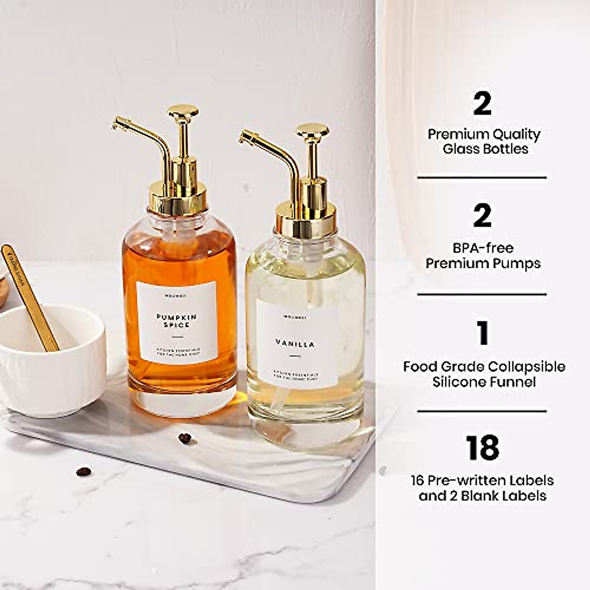 Molimoli Coffee Syrup Dispenser for Coffee Bar, Coffee Pump Dispenser, Glass Syrup Bottle w. Pumps and Labels, 16.9 oz 500 ml, Set of 2, Gold