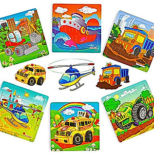 Vileafy 6 Pack Easy Small Travel Puzzles for Kids Ages 3-5 Years Old, Children Cars Wooden Puzzles 16 Piece, Early Educational Toys & Gifts for Boys and Girls