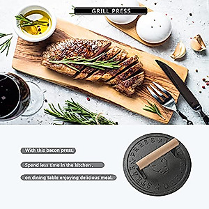 Swanna 8.66-Inch Round Cast Iron Grill Bacon Press With Wood Handle,Meat Presser,Iron Barbecue, BBQ Press,Grill Accessories, Make Griddle Steak Burger Bacon (a)