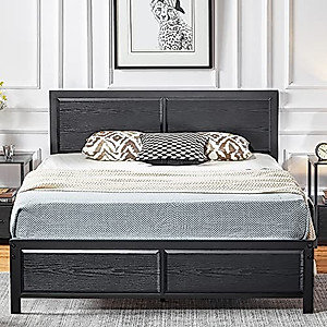 VECELO Queen Size Platform Bed Frame with Black Wood Headboard, Mattress Foundation, Strong Metal Slats Support, No Box Spring Needed