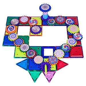 PicassoTiles 101 Master Builder Magnetic Building Block Toy Set Construction Magnet Tile Blocks Education Toys with 22 Optical Illusion Spinning Disk, 27 Gear Wheels and Engineering Columns PTW101