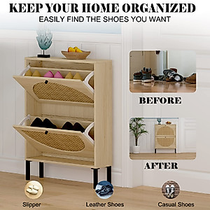 Yoluckea Rattan Shoe Storage Cabinet/Rack with 2 Flip Drawers for Entryway Modern Wooden Free Standing for Heels Slippers Hallway Bedroom Small Space(Natural)