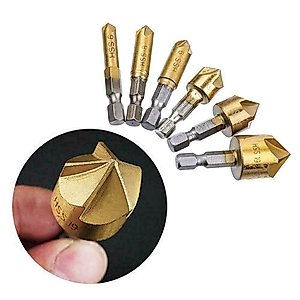 HTWORGRE Countersink Drill Bit, Baban Countersink Drill Bit Set 6 Pcs 1/4'' Hex Shank HSS 5 Flute Countersink 90 Degree Center Punch Tool Sets for Wood Quick Change Bit 6mm-19mm