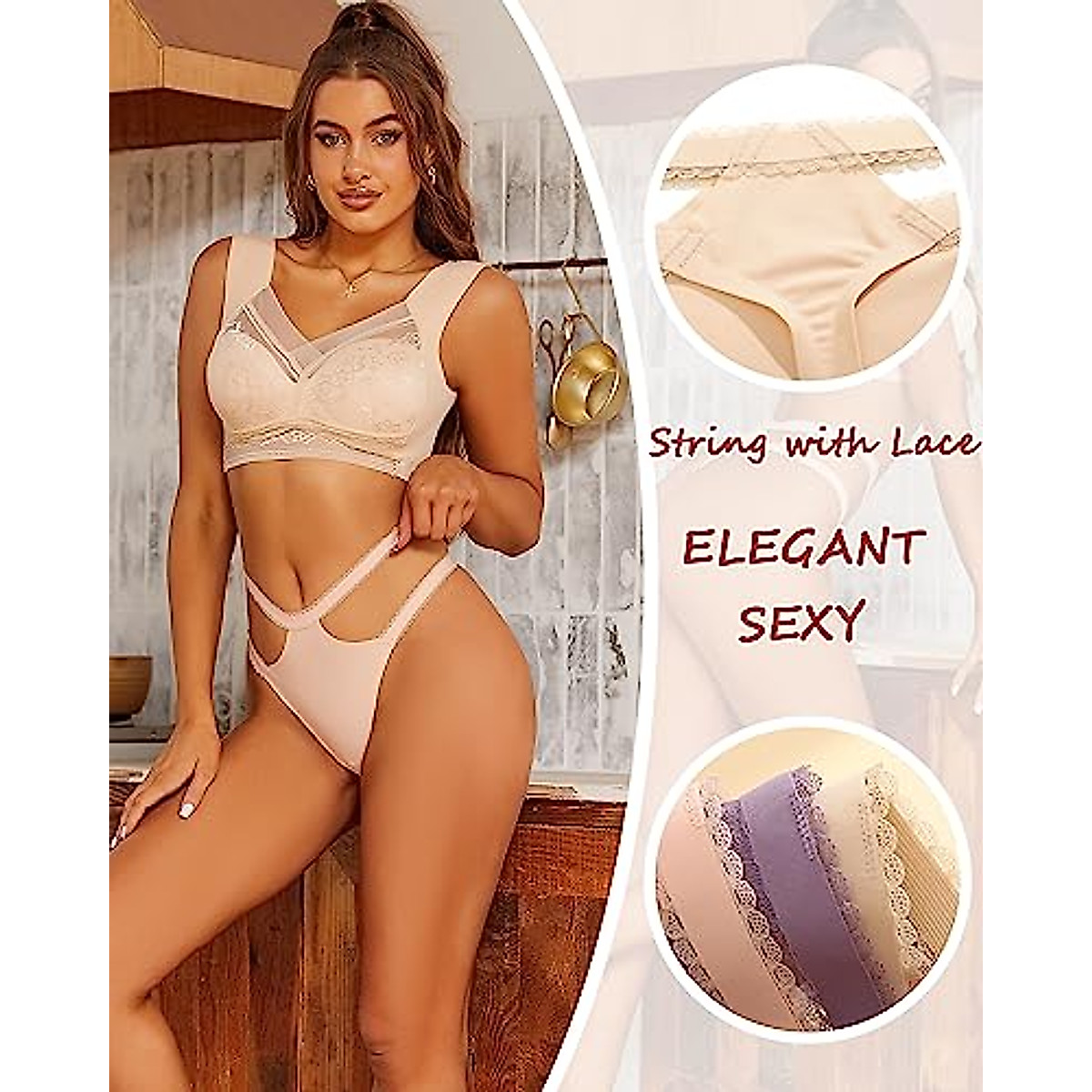 FINETOO Seamless Thongs for Women High Waisted Underwear G String Sexy Tangas Invisible Panties Lace Trim No Show 6 Pack S-XL