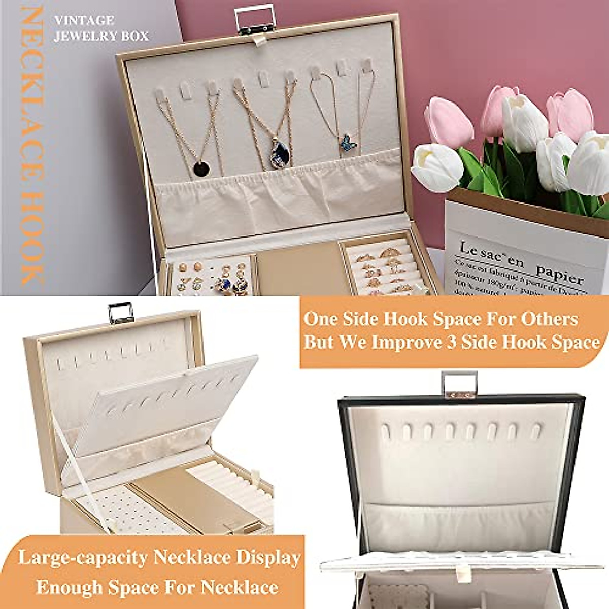 KUDASUY Jewelry Box For Women Girl Girlfriend Wife Velvet Jewelry Box Organizer Large Leather Jewelry Organizer with Removable Tray and Portable Travel Case(classic gold)