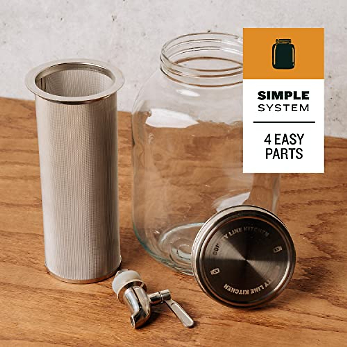 County Line Kitchen - Cold Brew Mason Jar Coffee Maker, Durable Glass, Heavy Duty Stainless Steel Filter, Lid, and Pour Spout - 4 Quart, (128 oz / 1 Gallon)