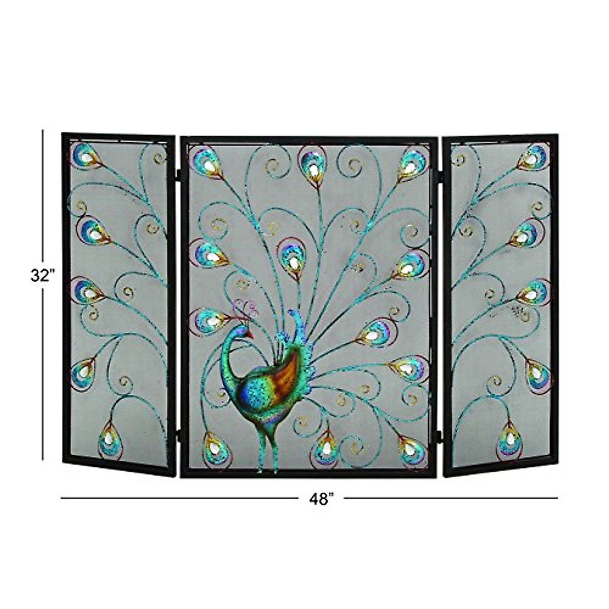 Deco 79 Metal Peacock Fireplace Screen Rainbow 3 Panel with Crystal Accents and Black Frame, 48" x 1" x 32", Blue