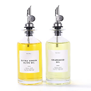 Molimoli Oil and Vinegar Dispenser with Metal Pour Spout Weighted Pourer, Glass Bottle Dispenser for Kitchen Weighted Stainless Steel Pourers, 4 (Pourers), 350ml Oil Bottles Silver