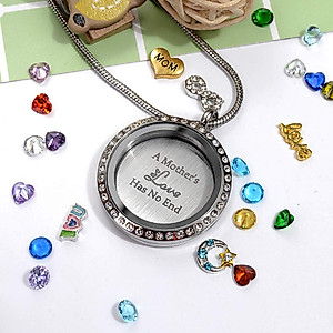 Veeshy A Mothers Love Has No End Floating Locket Necklace Pendant with Charms & 24PCS Birthstones, Mother's Day Birthday Xmas Gifts