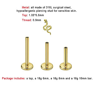 FANSING Tragus Piercing Jewelry Surgical Steel Earrings Gold Cartilage Stud Conch Helix Earrings Stud for Women Snake End with 18g 6mm 8mm 10mm Internally Threaded Post