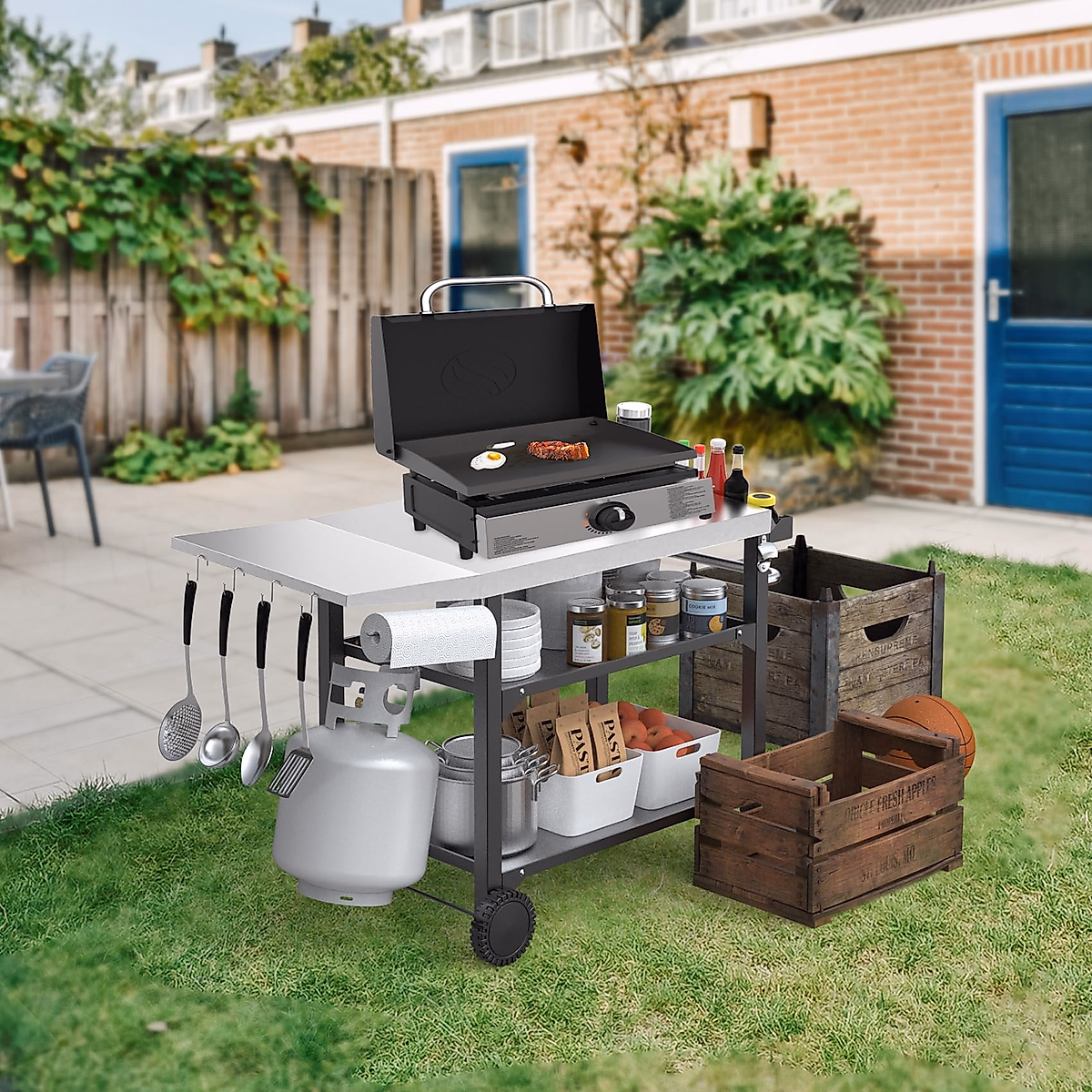 Skyflame Movable Outdoor Dining Cart Table, Three-Shelf Stainless Steel BBQ Grill Cart, Multifunctional Food Prep Flattop Worktable on Wheels for Kitchen, Pizza Oven, Patio Grilling Backyard