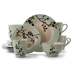 Elama RETROBLOOM Retro Bloom 16 Piece Luxurious Stoneware Dinnerware with Complete Setting for 4, Green