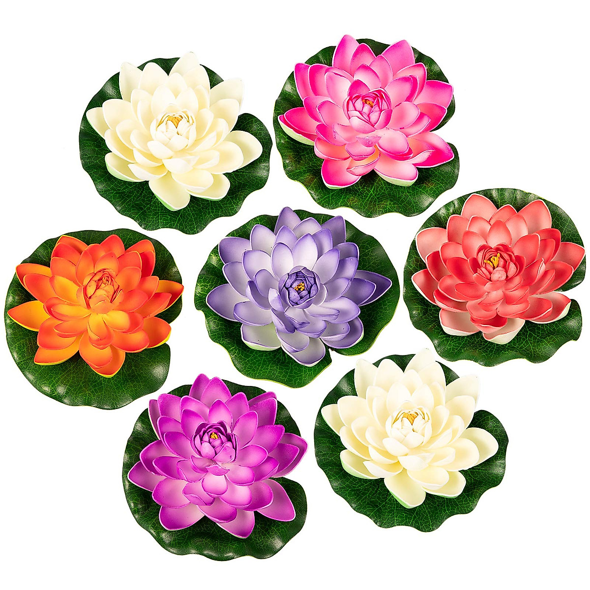 Linyida 7PCS Artificial Floating Foam Lotus Flowers,Artificial Water Lily Pads，Lotus Lilies Pad Ornaments for Patio Koi Pond Pool Aquarium Home Garden Wedding Party Holiday Event Decorations。Colorful