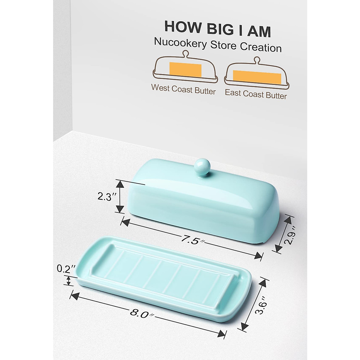 Nucookery Ceramic Butter Dish with Lid | Raised Legs and Non-Slip Strip Design | Porcelain Health | Dishwasher Safe, Lake Blue