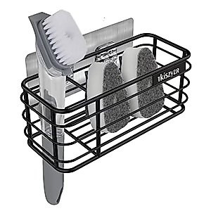 TKISZYZR Sink Sponge Holder and Sink Caddy, Sponge Holder for Sink, Kitchen Brush Holder – No Drilling with Adhesives(Black)