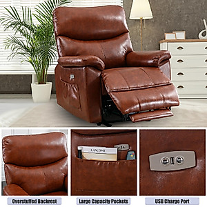 RIHEREFY Electric Recliner,PU Leather Recliner Chair with Extended Footrest,Recliner Chairs for Adults,Extra Wide Reclining Massage Chair with 2 Side Pockets & USB Ports