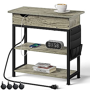SJIE End Table with Charging Station, Narrow Flip Top Side Table with USB Ports and Outlets,Nightstand for Living Room,Bedroom and Small Spaces,Grey