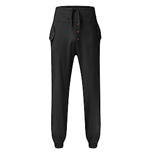 Mens Casual Pants with Elastic Waistband White Linen Pants Drawstring Elastic Waist Skinny-Fit Solid Loose Trousers Fashion Casual Double Pockets Pants Black 2X