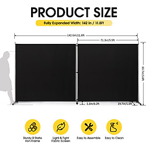 Rantila 2 Large Panels Room Divider,Portable Office Divider,Convenient Movable,Folding Partition Privacy Screen for Bedroom,Dining Room, Study,142" W x 71" H,Black