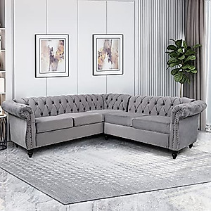 QHITTY L-Shaped Sofa, Sectional Chesterfield Couch 5-Seater Velvet Upholstered Small Accent Tufted Sofa with Rolled Armrest and Nailhead Design for Living Room, Apartment, Office (Grey)