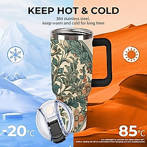 RTFGHJS 40 Oz Tumbler Green Floral Pattern Insulated Tumbler Travel Coffee Mug with Straw Lid Stainless Steel Water Bottle Vacuum Insulated Tumbler for Sport Work Car Travel Weekends