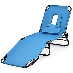 Goplus Folding Chaise Lounge Beach Chair, Face Down Tanning Chair with Face Hole Detachable Pillow, Great for Outside Pool Patio Backyard, 5-Position Adjustable (1, Blue)